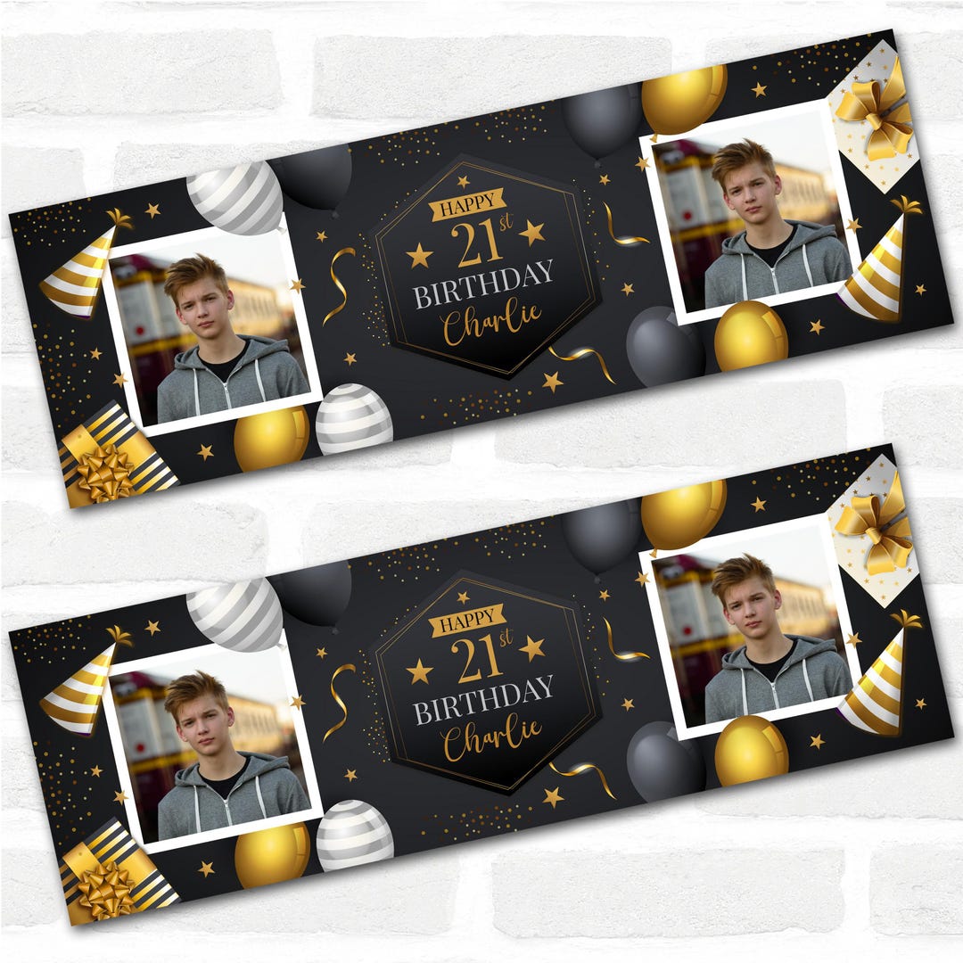 Personalised Party Banner for Birthday With Photo 21 Male Gold Black ...