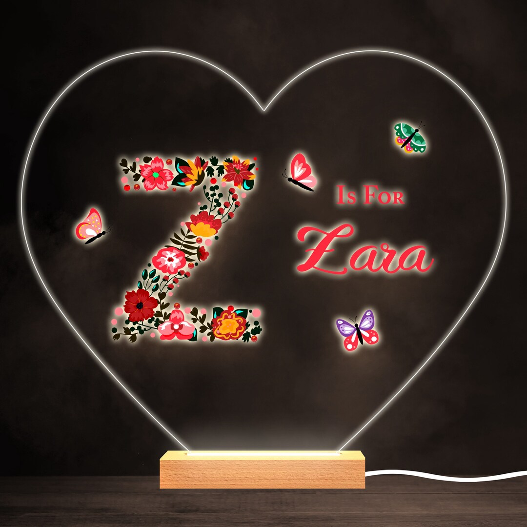 Floral Alphabet Butterflies Letter Z Heart Personalised Gift Lamp Night ...