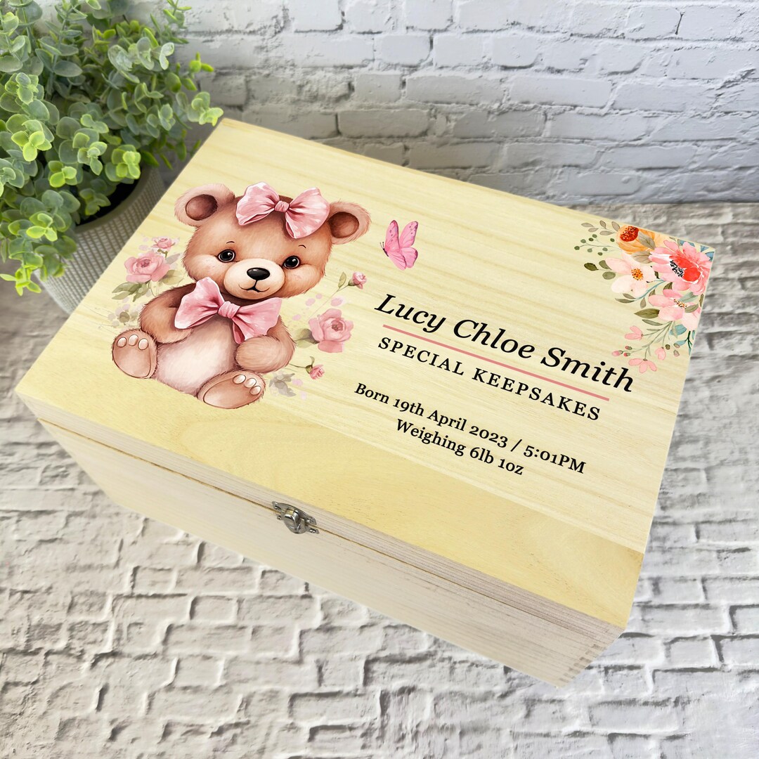 Floral Pink Teddy Bear Butterfly Girl New Baby Personalised Wooden Keepsake Box - Memory Storage ...