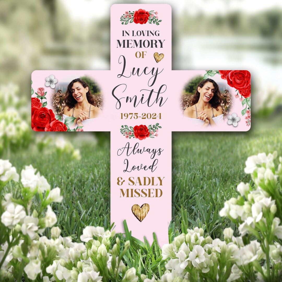 Cross in Loving Memory Red Roses Photo Pink Grave Garden Plaque ...