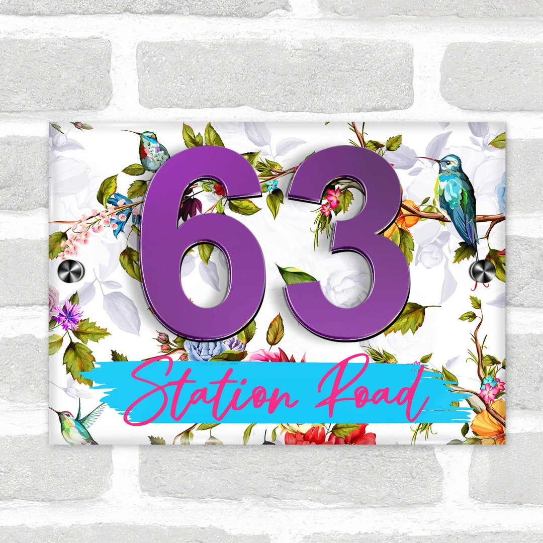 Hummingbirds & Flowers 3D Acrylic House Address Sign Door Number Plaque ...