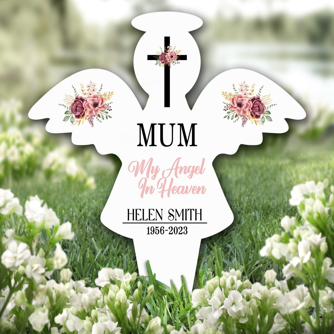 Angel Mum Floral Remembrance Garden Plaque Grave Personalised Memorial ...