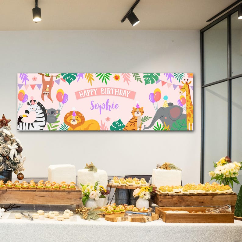 Personalised Party Banner for Birthday Girls Jungle Animals Kids ...