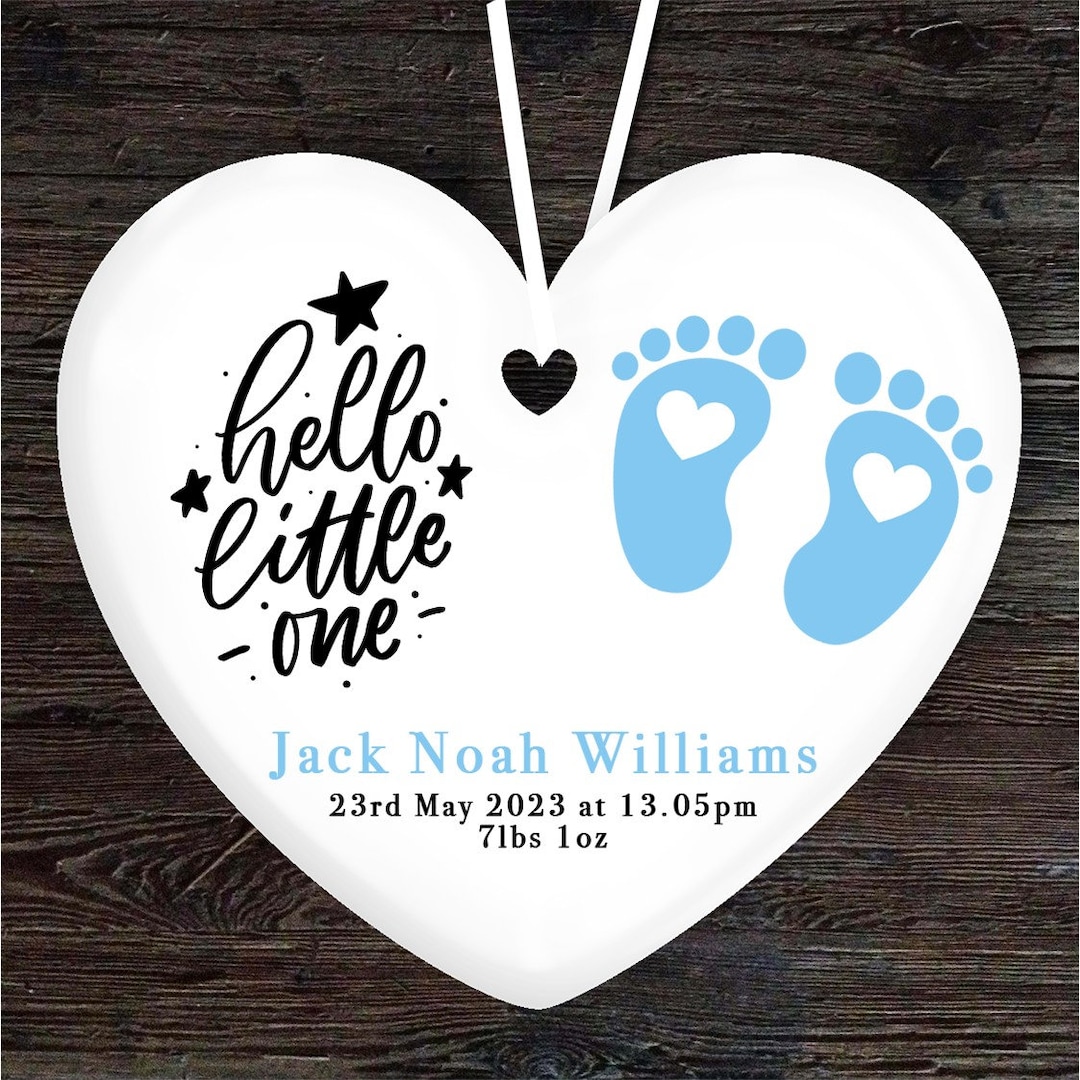 Hello New Baby Boy Blue Footprints Heart Personalised Gift Hanging ...