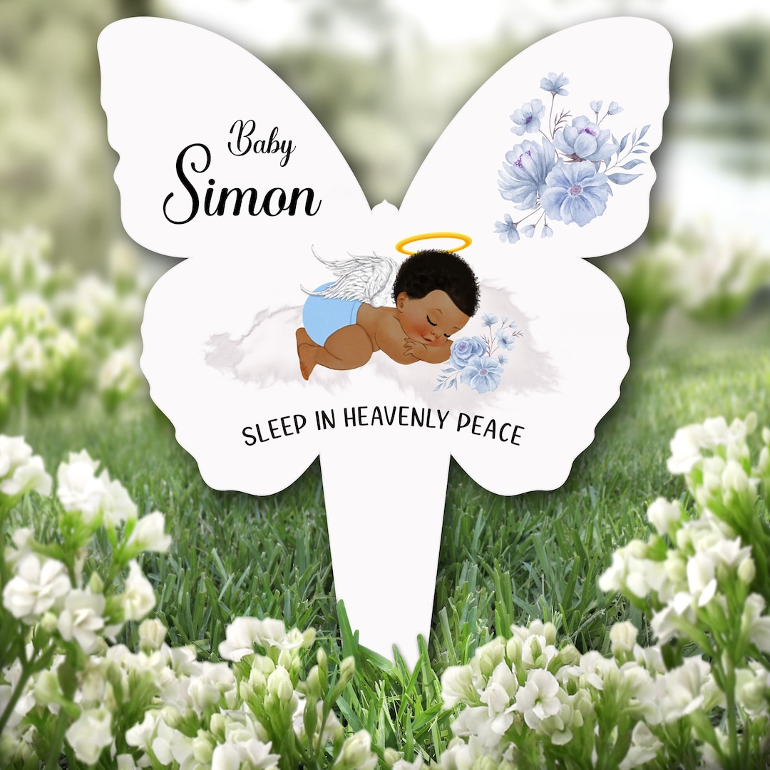 Butterfly Dark Skin Baby Boy Curly Hair Blue Grave Garden Plaque ...