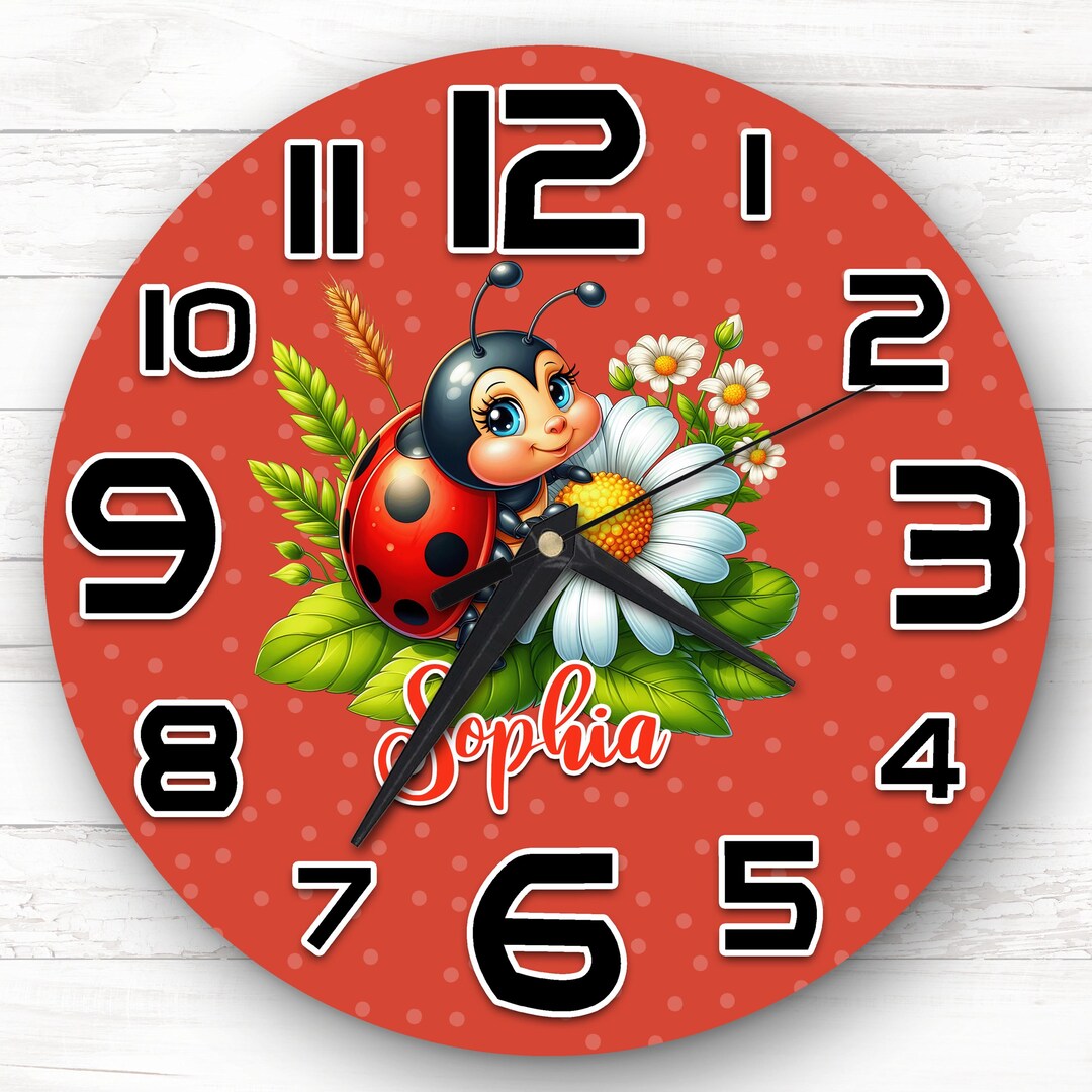 Floral Ladybug Ladybird Red Personalised Gift for Kid's Bedroom Clock ...