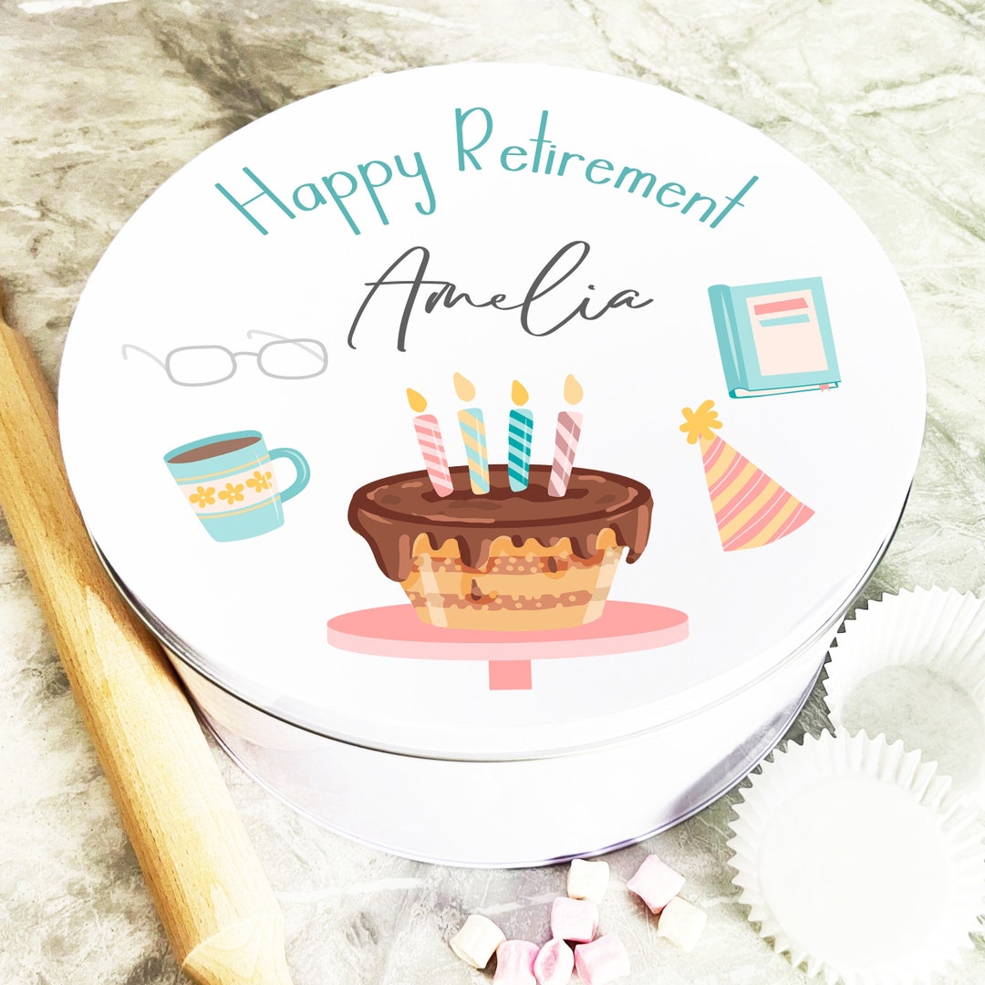 Round Happy Retirement Glasses Books Personalised Cake Tin - Etsy