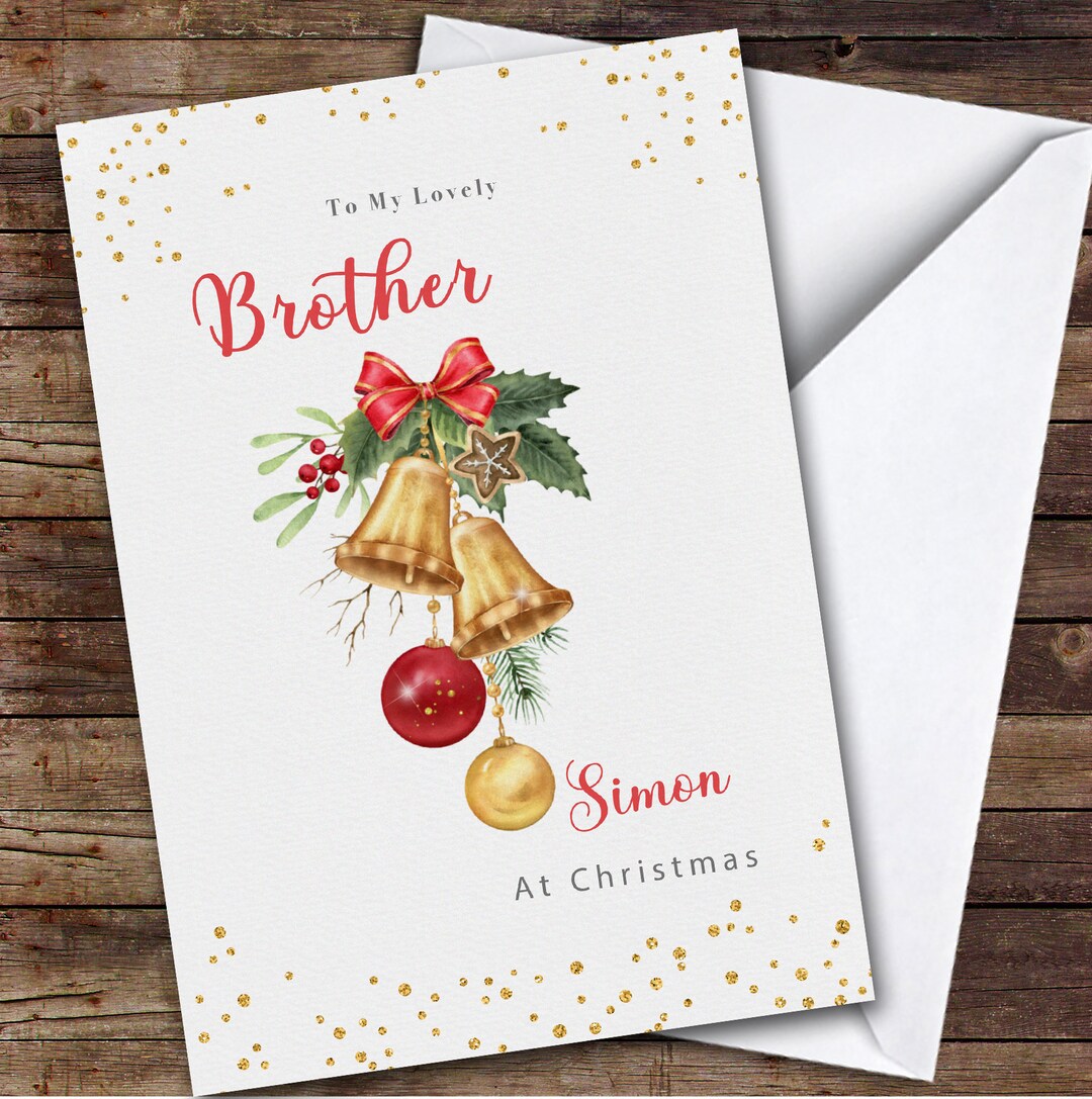 Brother Christmas Bells Holly With Bows Gold Glitter Personalised ...