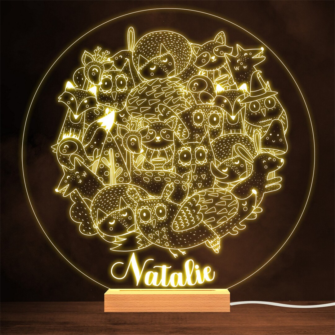 Cute Cuddling Forest Animals Nature Personalised Gift Lamp Night Light ...