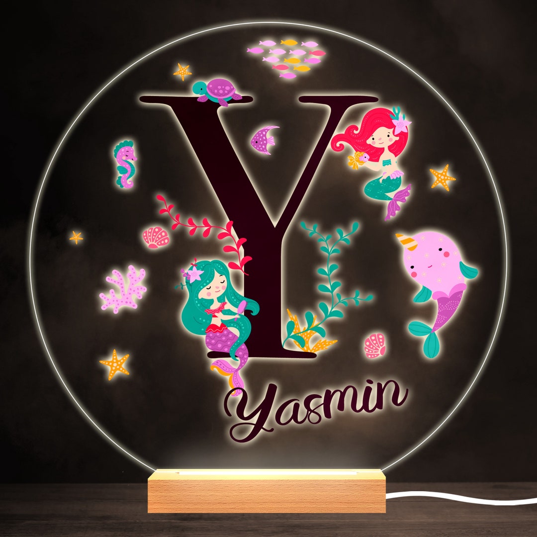 Sealife With Mermaids Alphabet Letter Y Round Personalised Gift Lamp ...