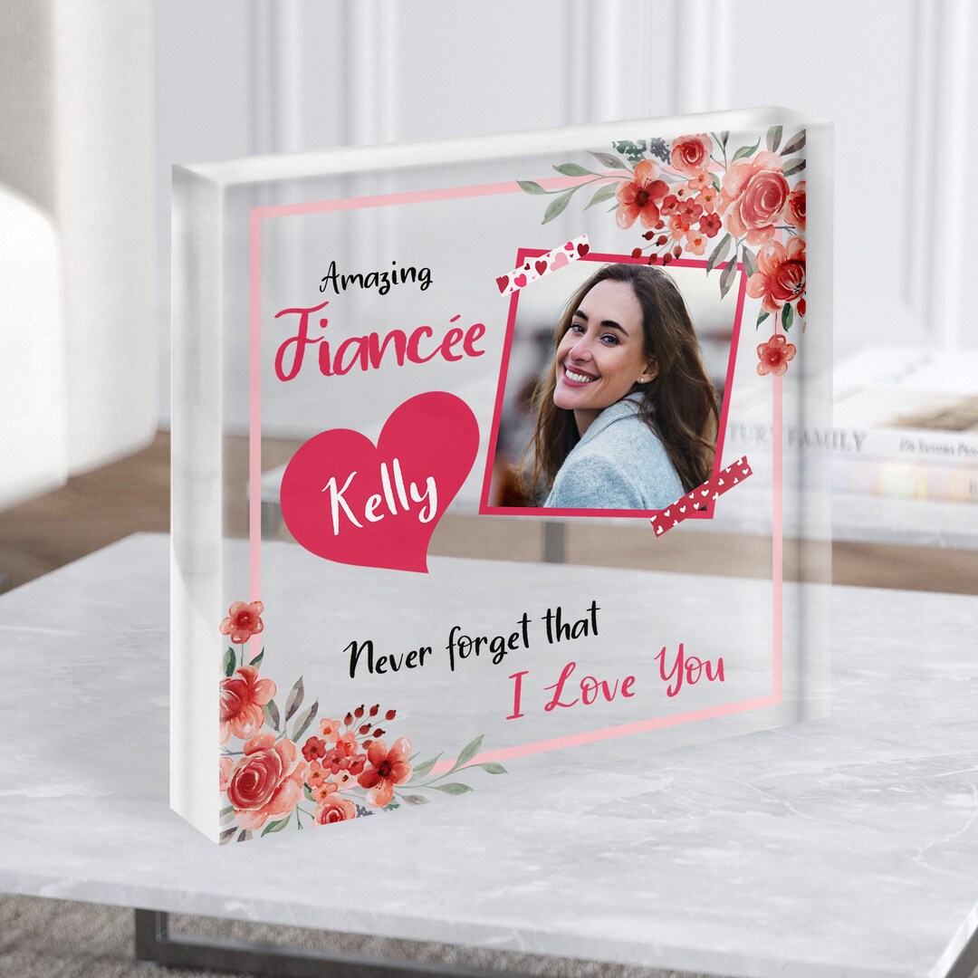 Fiancee Watercolour Floral Photo Romantic Gift Custom Clear Square ...