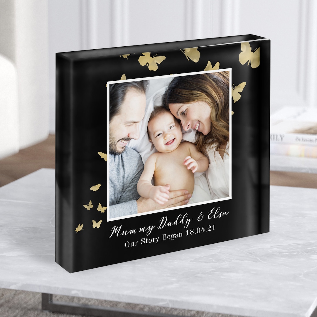 Our Story Began Photo Square Black Gold Butterflies Gift Acrylic Block ...