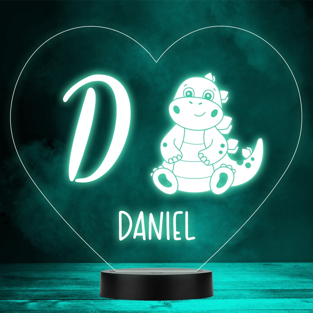 Kids Baby Dinosaur Initial Letter D Heart LED Personalised Gift Night ...