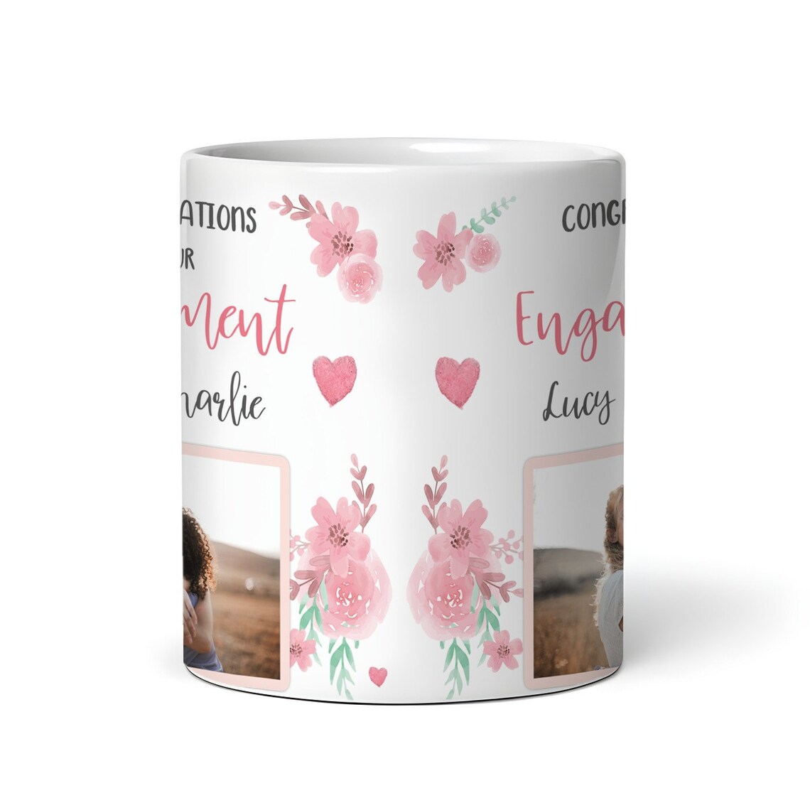 Engagement Present Pink Flowers Photo Coffee Tea Cup Personalised Mug ...