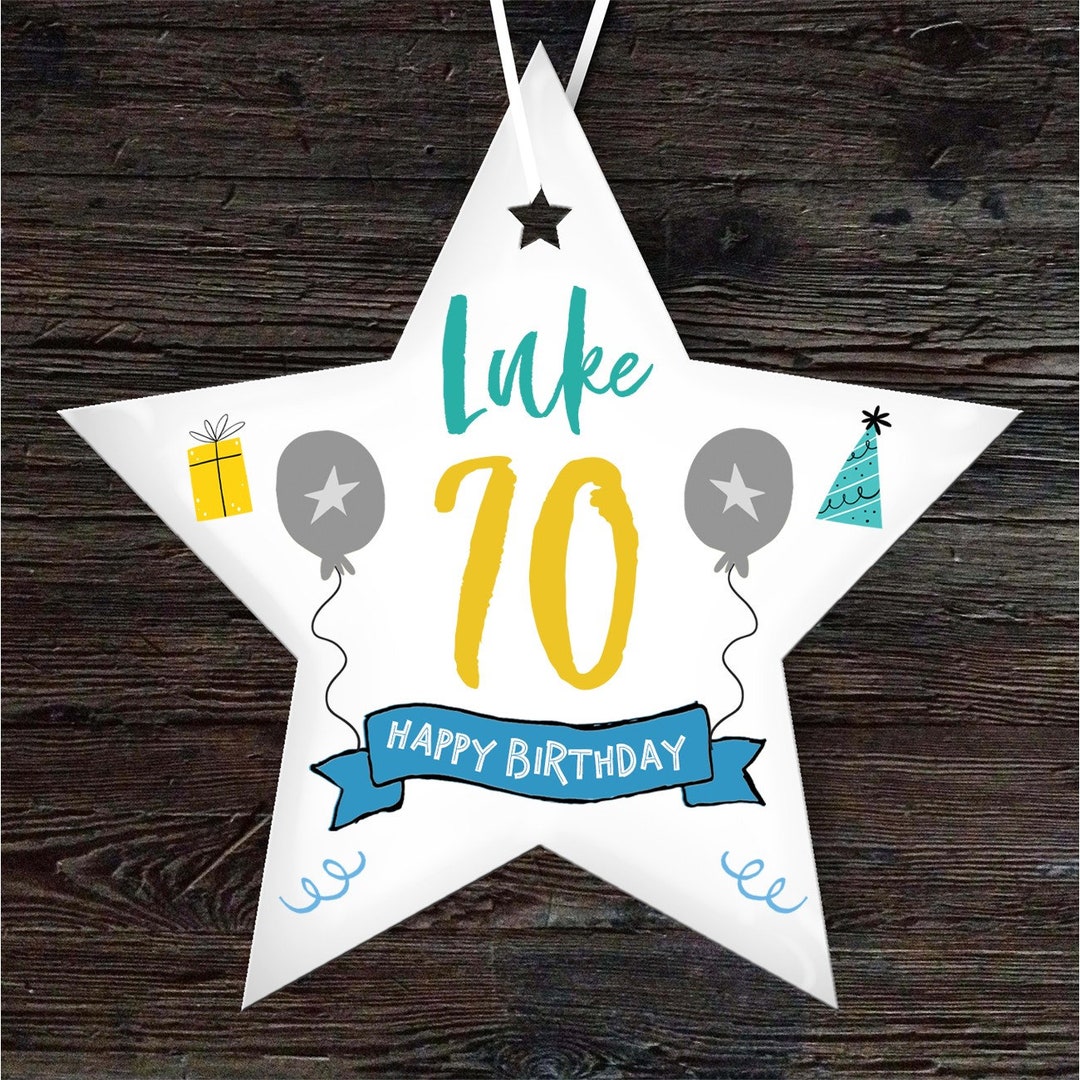 70th Birthday Star Blue & Grey Star Personalised Gift Keepsake Hanging ...