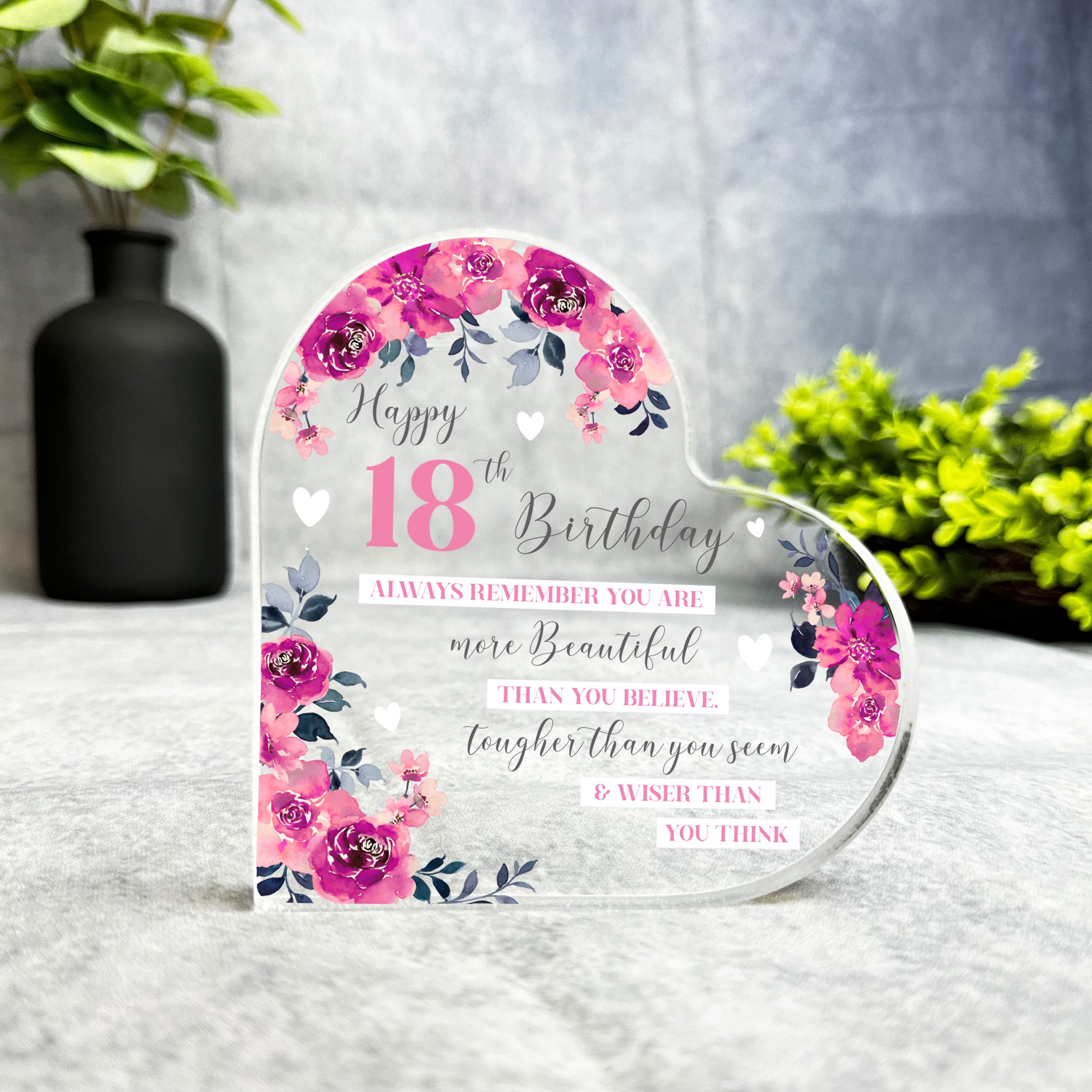 18th Birthday Present Female Pink Flowers Heart Plaque Keepsake Gift ...
