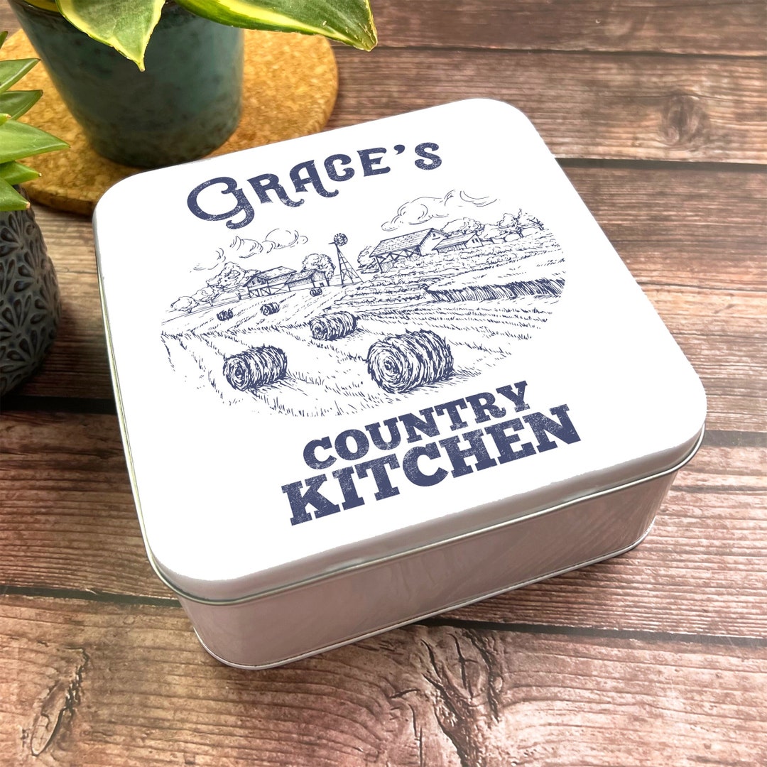 Square Vintage Country Farmhouse Blue Print Personalised Kitchen ...