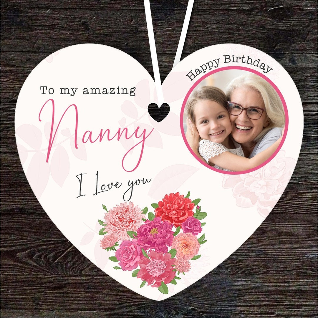 Nanny Floral Pink Photo Frame Birthday Gift Heart Personalised Hanging ...