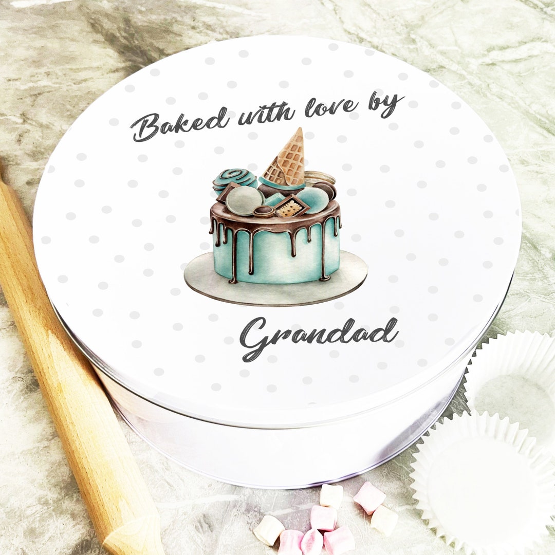 Round Watercolour Blue Bake With Love Grandad Personalised Cake Tin - Etsy
