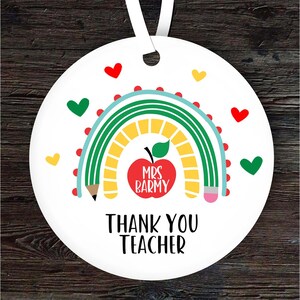 Thank You Teacher Rainbow Hearts Pencil Round Personalised Gift Hanging ...