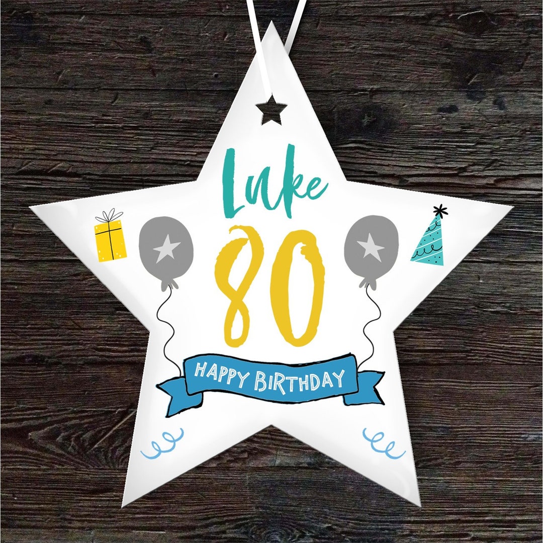 80th Birthday Star Blue & Grey Star Personalised Gift Keepsake Hanging ...