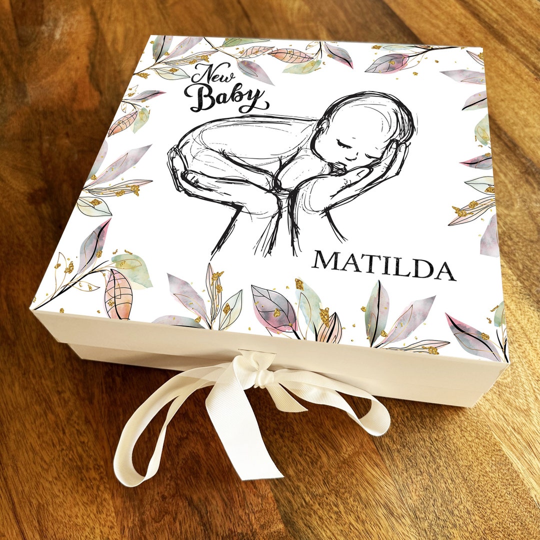 New Baby Shower Line Art Leaves Square Keepsake Memory Hamper Gift Box ...