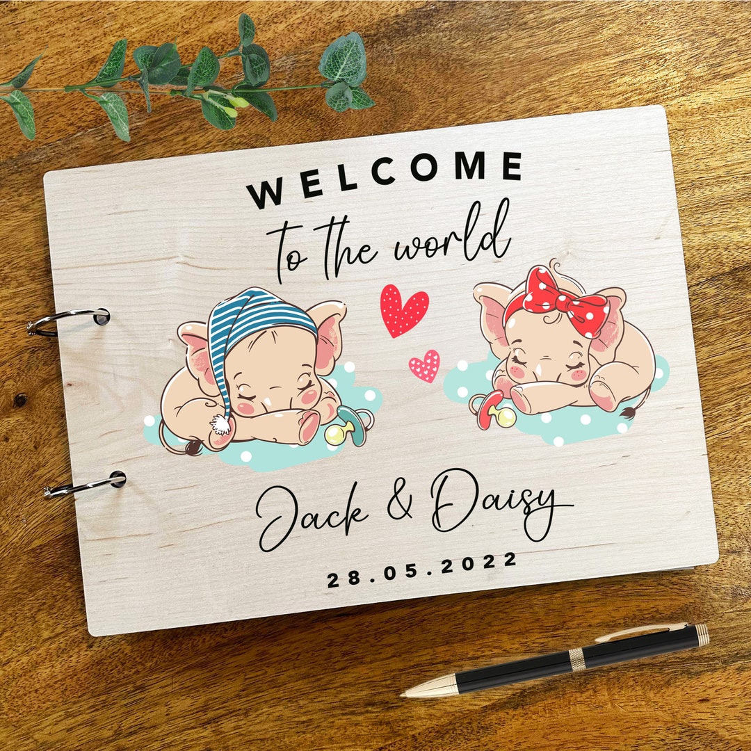 Wood Twins Sleeping Elephants Photo Album Memories New Baby Keepsake ...