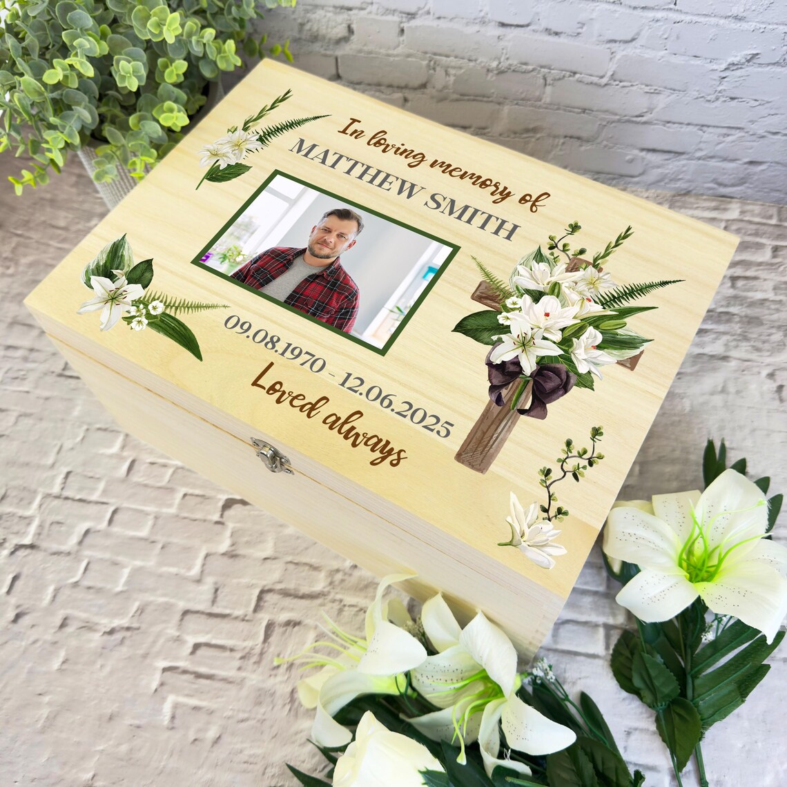 In Loving Memory Photo Cross Lilies Memorial Personalised Wooden ...