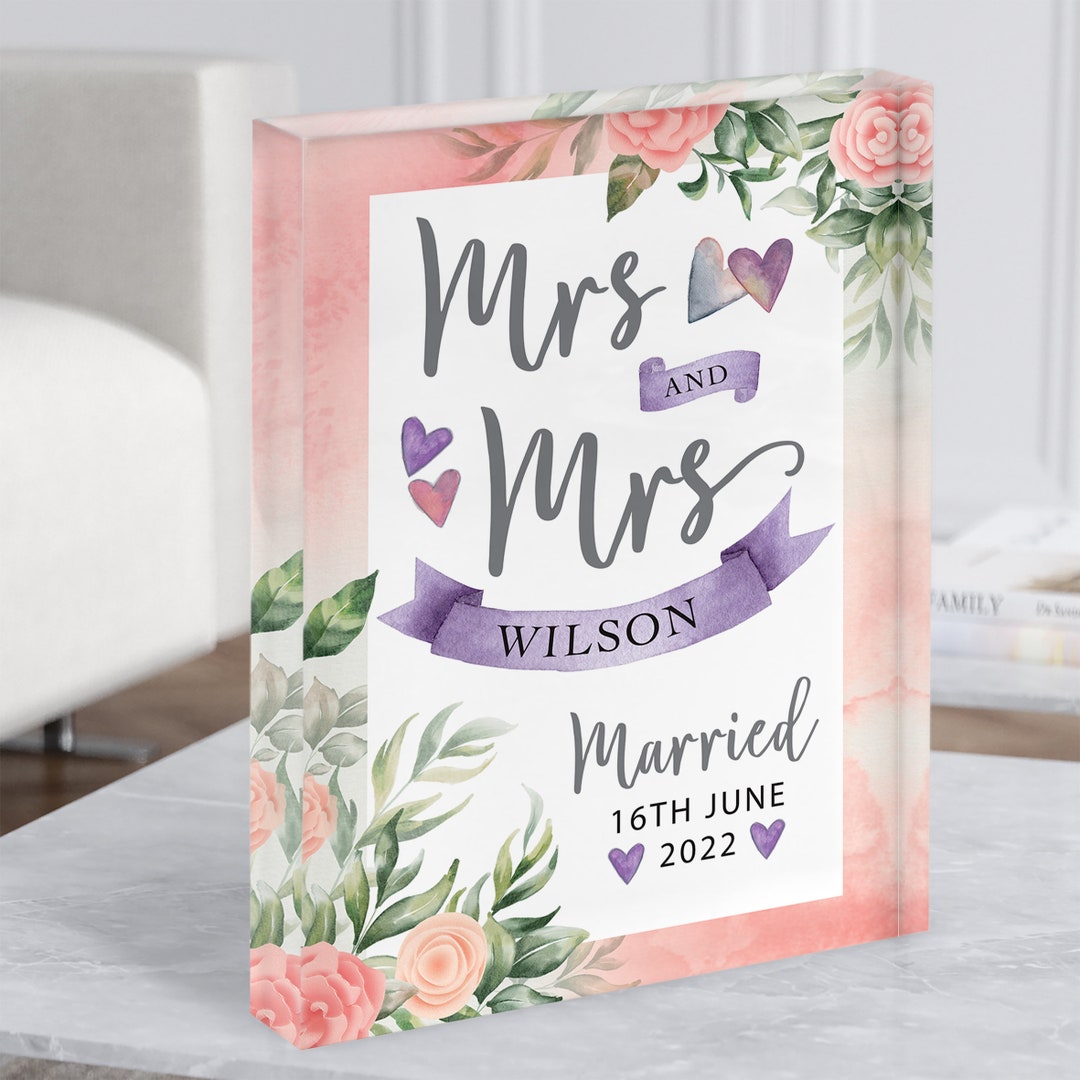 Mrs & Mrs Married Flower Banner Details Peach Personalised Gift Acrylic ...