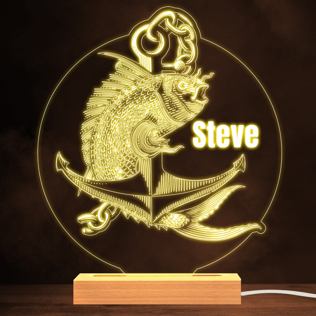 Detailed Anchor & Fish Angler Warm White Lamp Personalised Gift Night ...