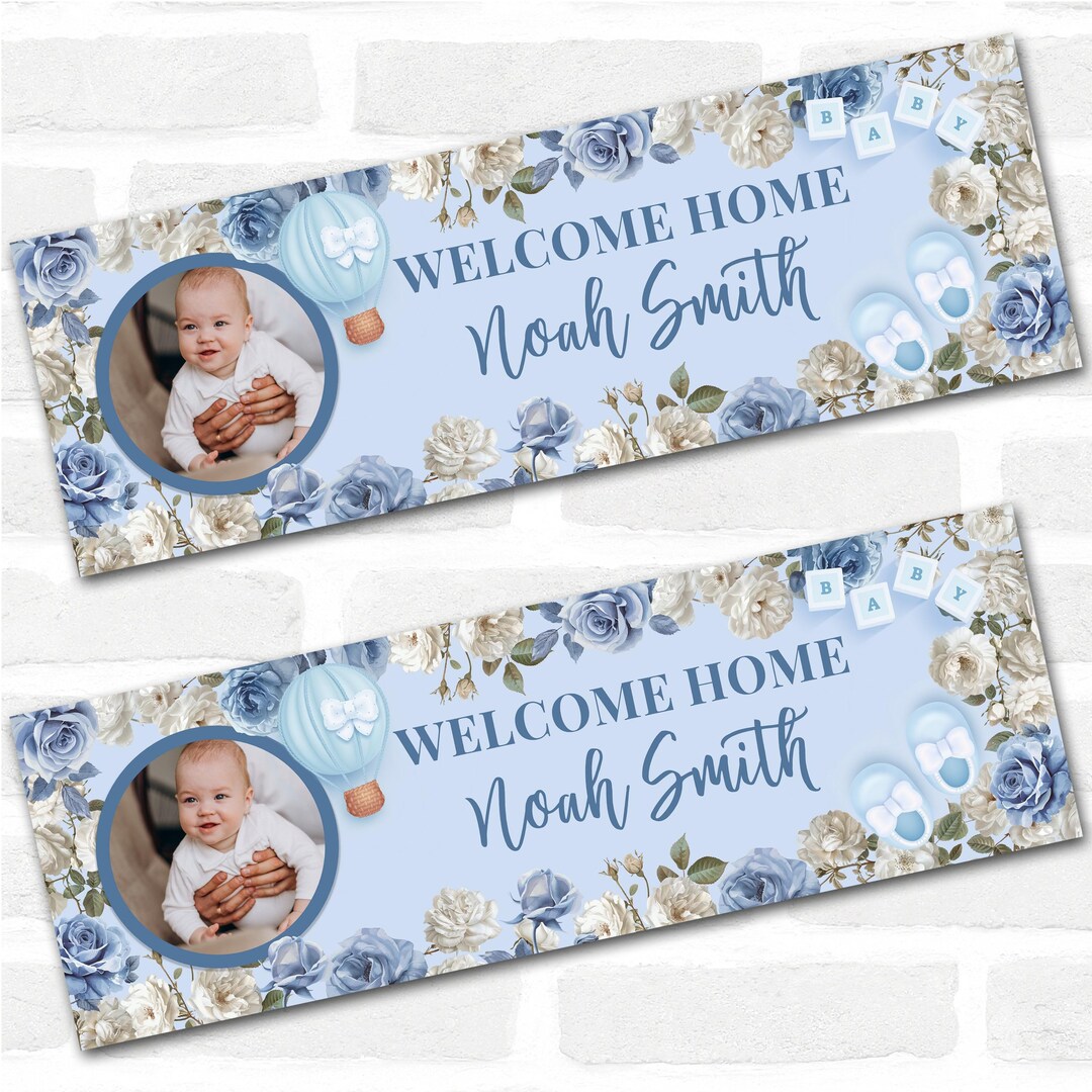 Personalised Party Banner for Christening Boy Photo Blue Flowers Cross ...
