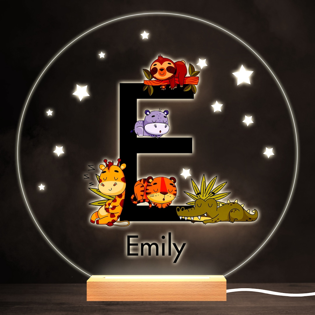 Sleeping Baby Safari Animals Letter E Round Personalised Gift Lamp ...