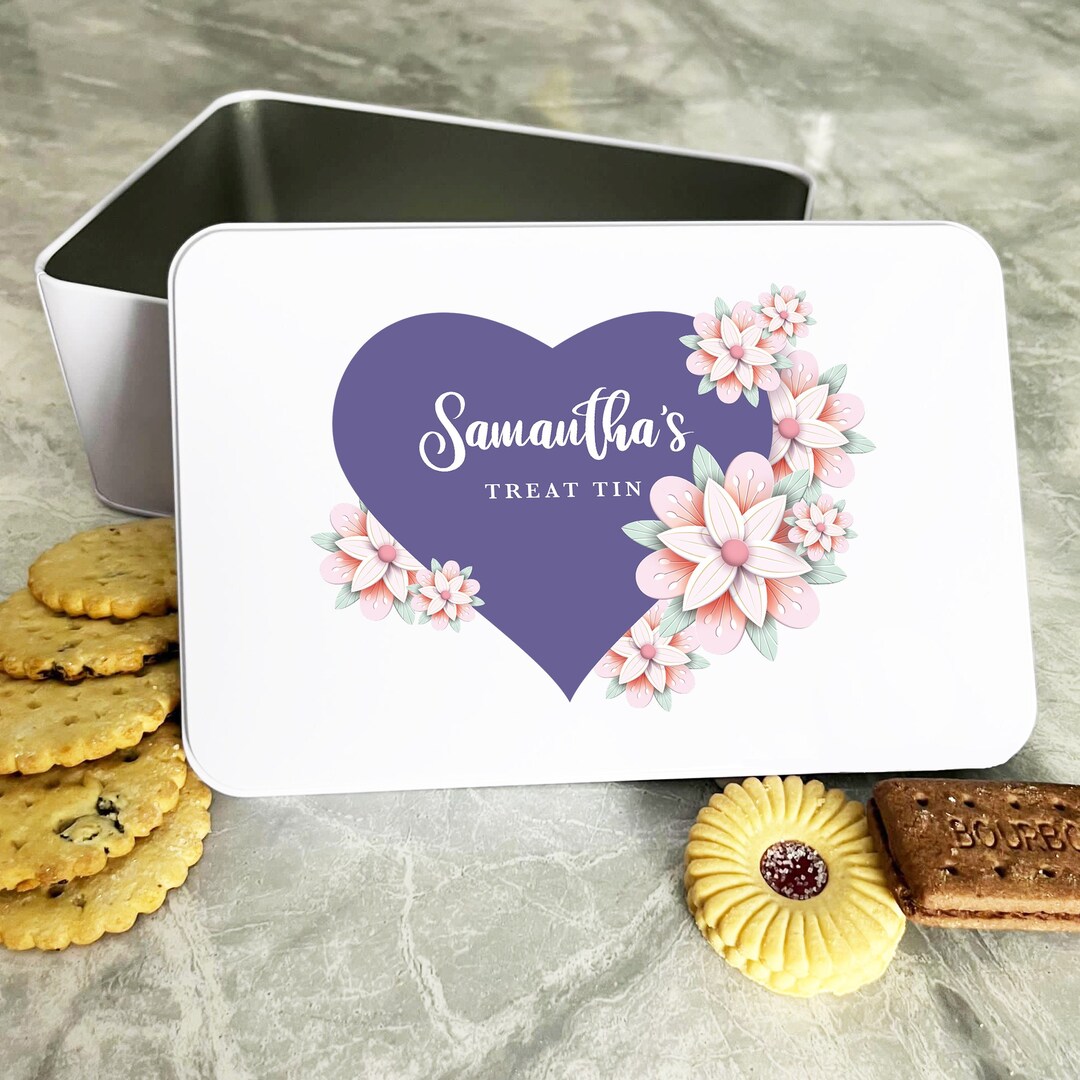 Personalised Pink Floral Purple Heart Biscuit Sweets Cake Treat Tin - Etsy