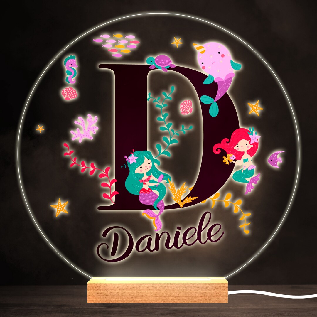 Sealife With Mermaids Alphabet Letter D Round Personalised Gift Lamp ...