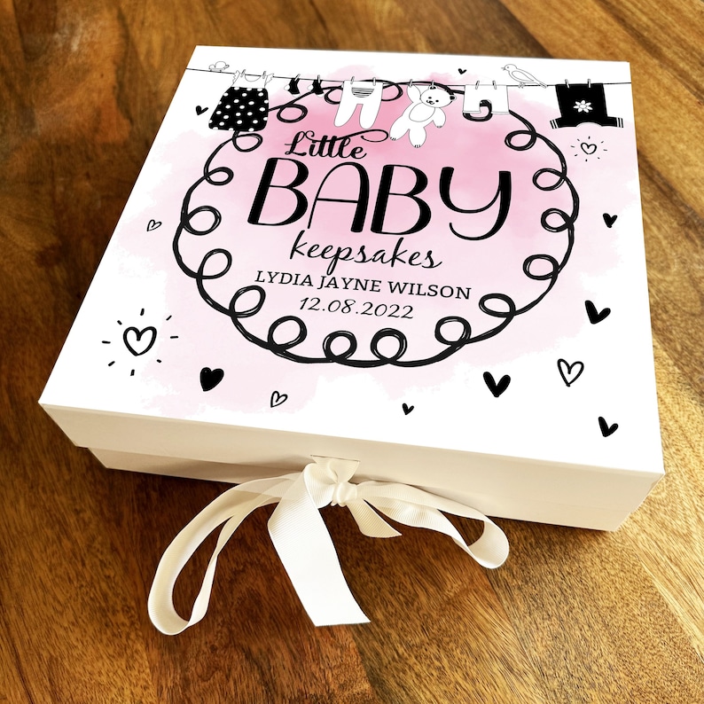 New Baby Shower Washing Line Pink Square Keepsake Memory Hamper Gift ...