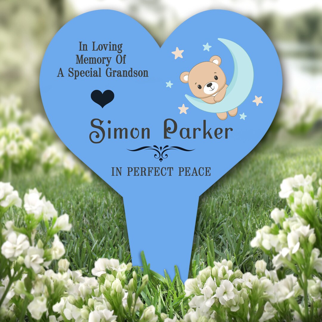 Heart Grandson Baby Bear Moon & Stars Blue Grave Garden Plaque Memorial ...