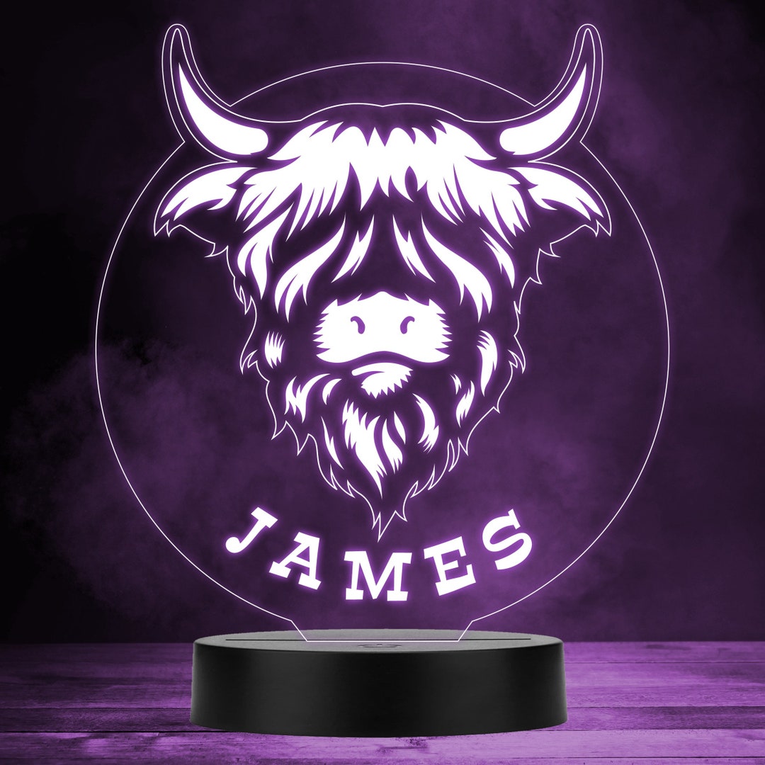 Fluffy Highland Cow Colour Changing Personalised Gift LED Lamp Night ...