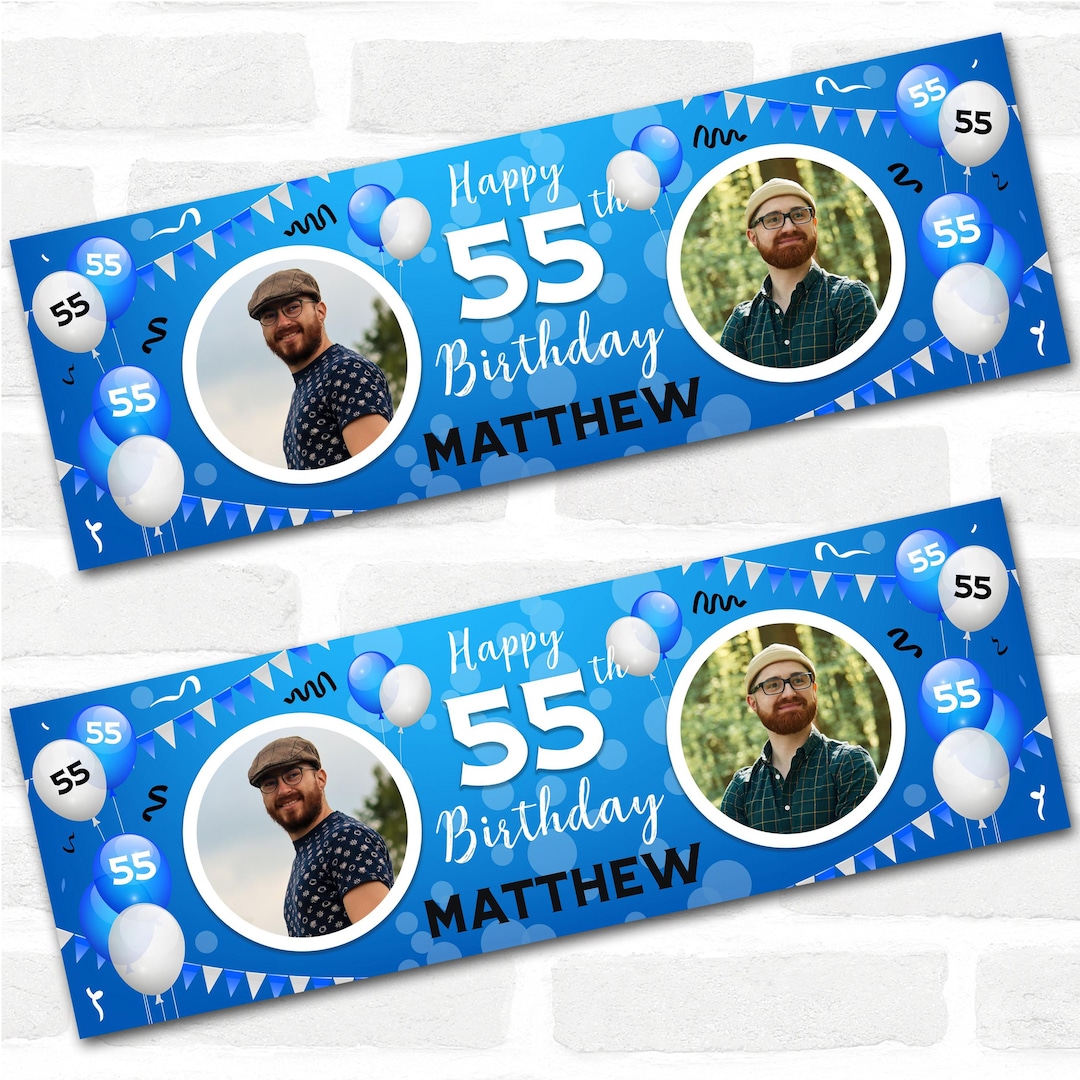Personalised Party Banner for 55th Birthday With Photo Male Blue ...
