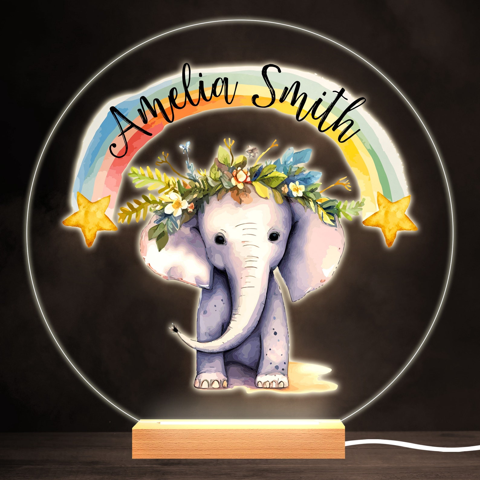 Elephant Rainbow Colourful Round Personalised Gift LED Lamp Night Light ...