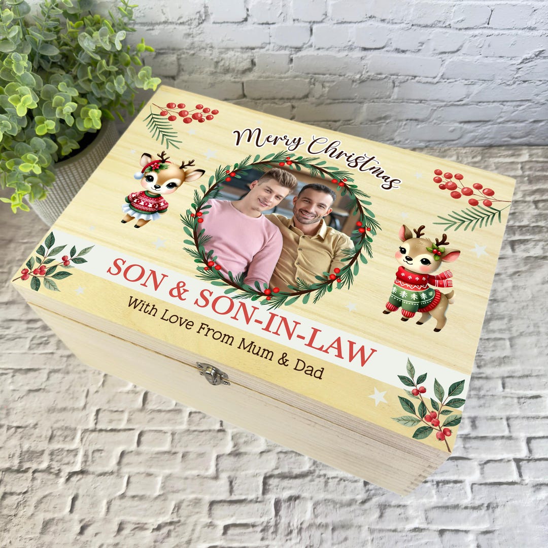 Son & Son-in-law Wreath Wooden Personalised Photo Christmas Hamper Gift ...