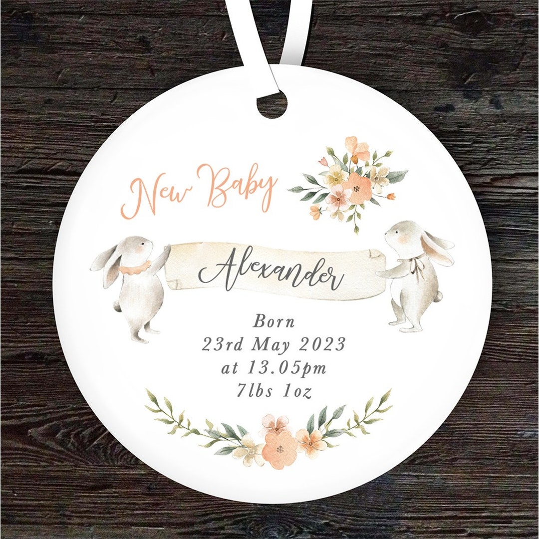 New Baby Peach Rabbits Round Personalised Gift Keepsake Hanging ...
