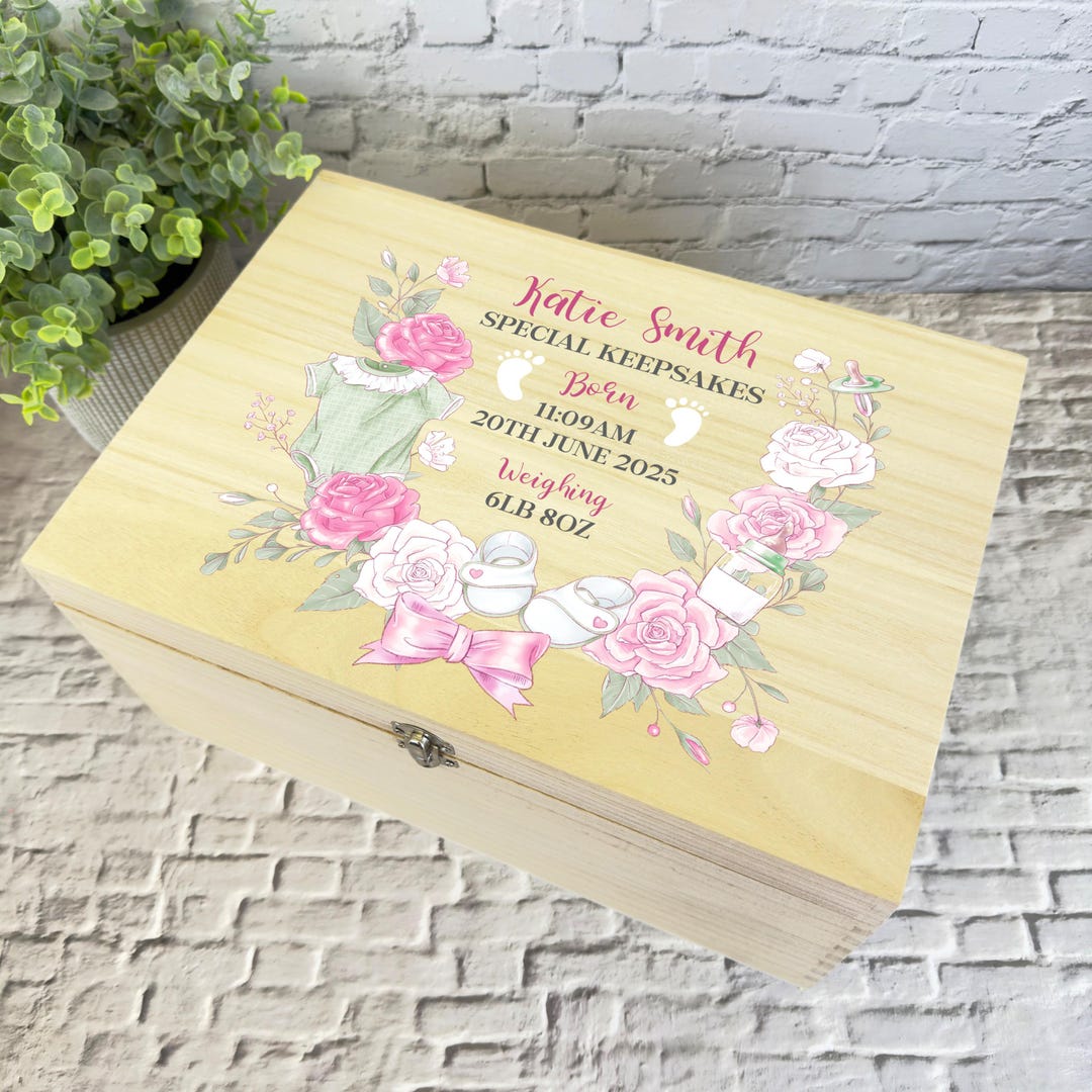 New Baby Girl Pink Flowers Personalised Storage Wooden Memory Keepsake Box - Memory Storage Box ...