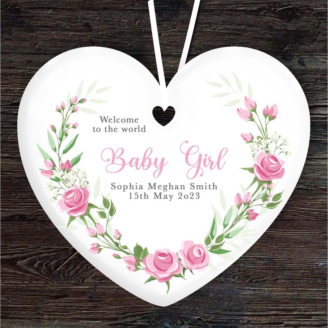 New Baby Girl Pink Rose Wreath Heart Personalised Gift Keepsake Hanging ...