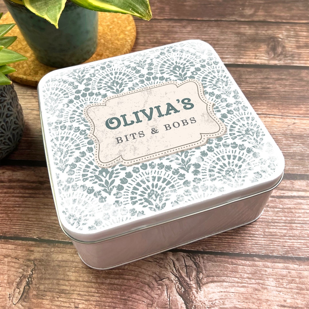 Square Teal Sage Green Pattern Antique Personalised Bit & Bobs Storage ...