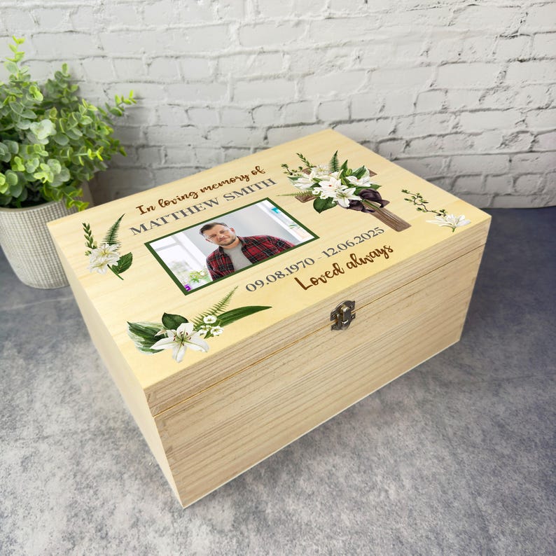 In Loving Memory Photo Cross Lilies Memorial Personalised Wooden ...