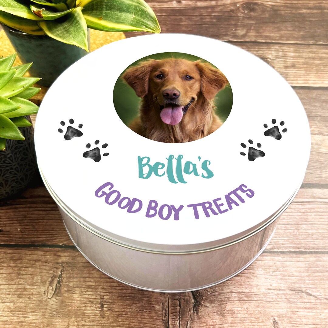 Round Pet Good Boy Girl Treats Photo Paw Prints Personalised Treat Tin ...