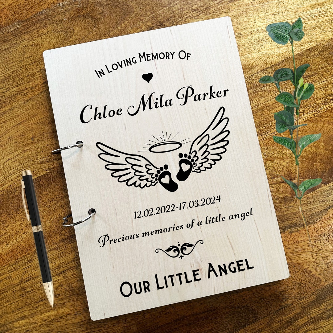 Wood Baby Feet Wings Sympathy in Loving Memory Funeral Condolence Guest ...