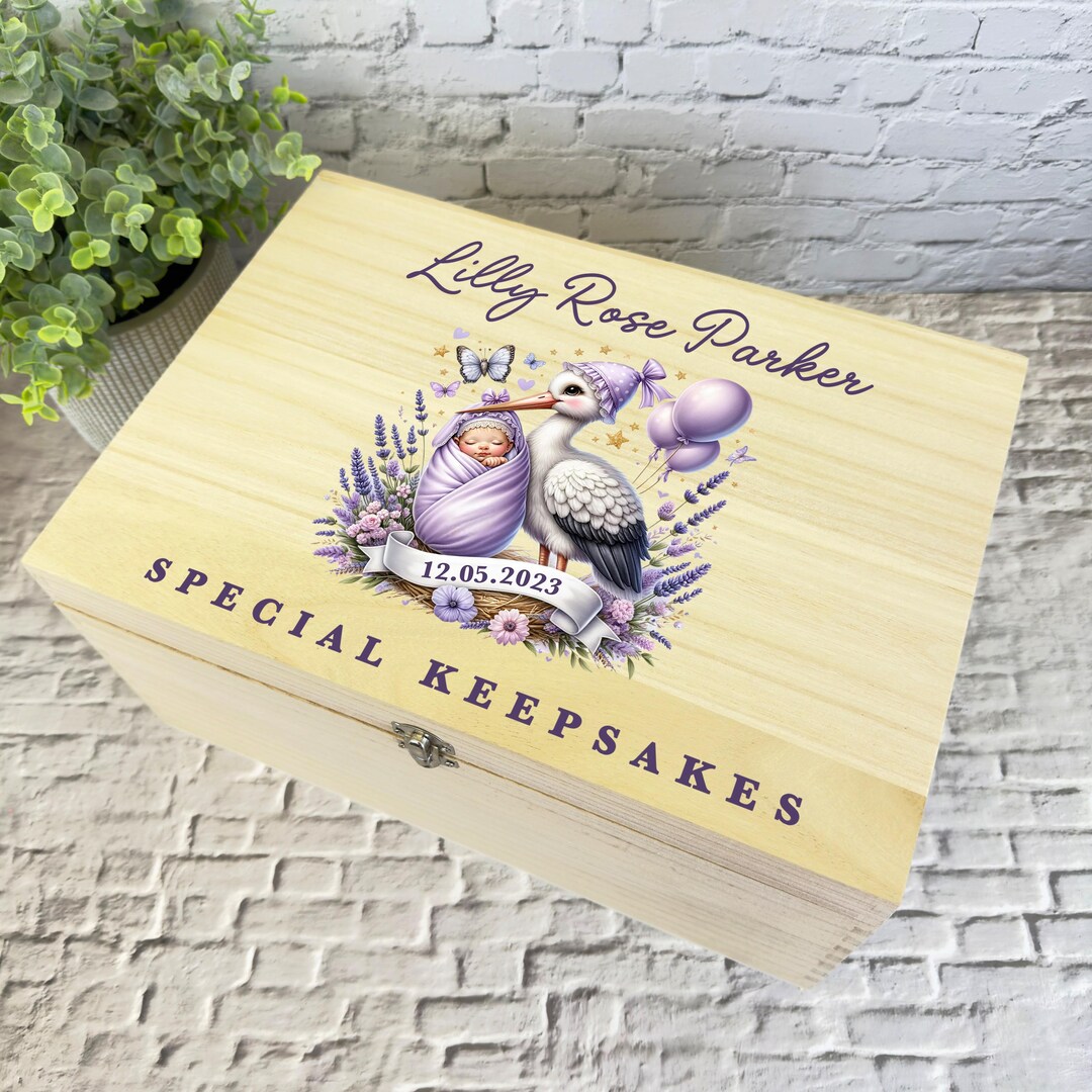 Purple Balloons Stork Holding Baby New Baby Personalised Wooden ...