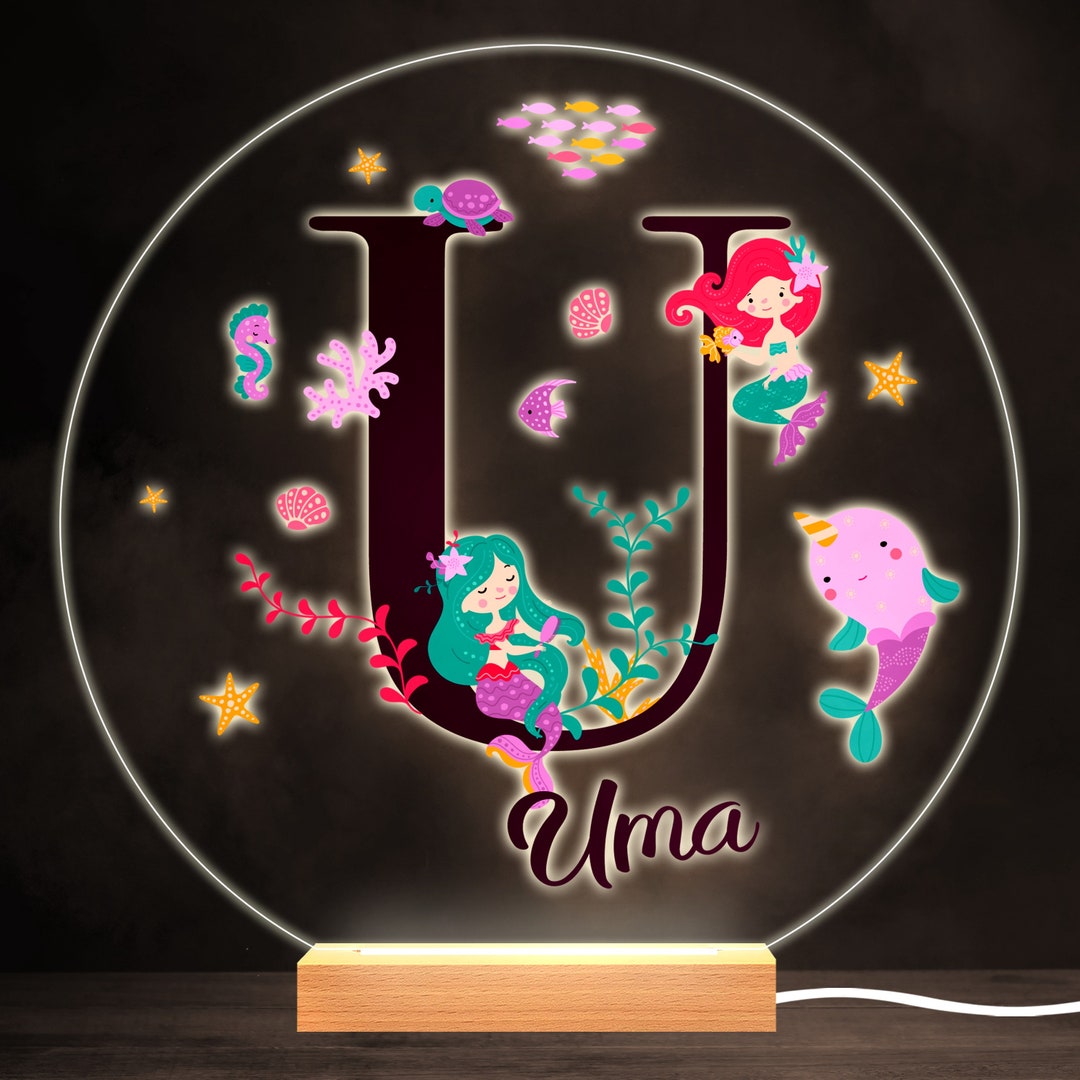 Sealife With Mermaids Alphabet Letter U Round Personalised Gift Lamp ...