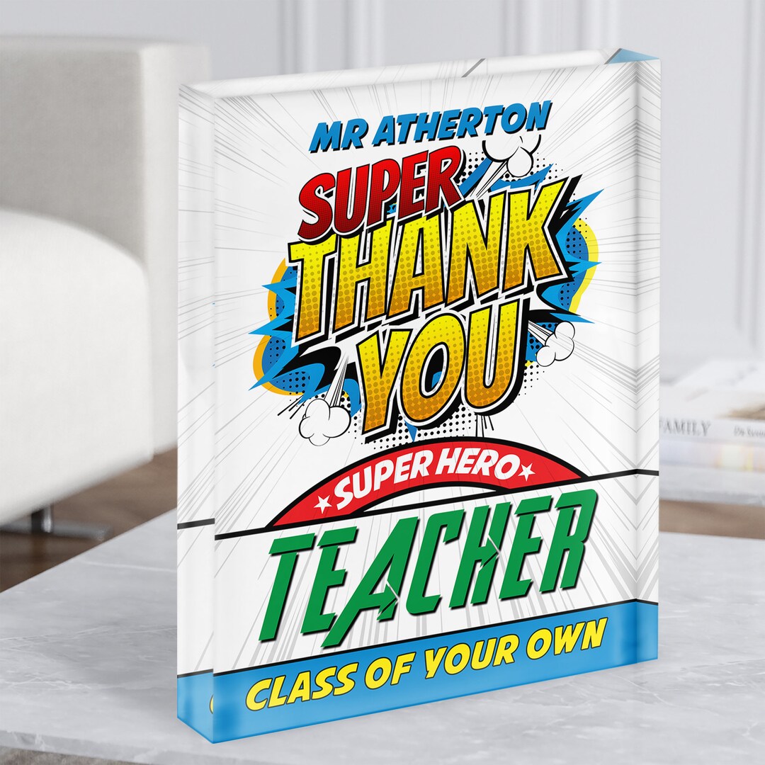Super Hero Teacher Thank You Personalised Gift Acrylic Block ...